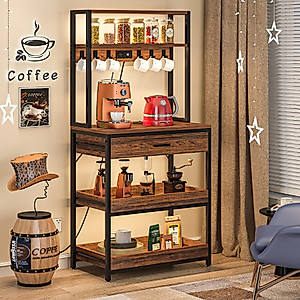 Tribesigns Kitchen Bakers Rack with Power Outlets, 5-Tier Microwave Oven Stand with Drawer and Sliding Shelves, Freestanding Coffee Bar, Kitchen Storage Shelf with 6 Hooks, Rustic Brown