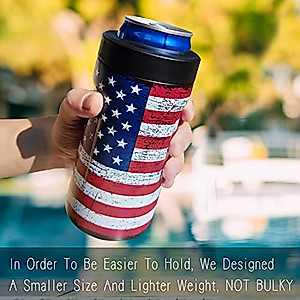 4-IN-1 Insulated Can Cooler with Lid - Newest Signice 12 Oz Stainless Steel Can Cooler Double Walled Vacuum Insulator for Skinny Tall Slim Can / Standard Regular Can / Beer Bottle (Flag)
