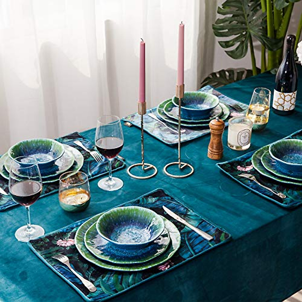 Melamine Dinnerware Set 12 PCS Teal Turquoise Tableware Plates Bowls Blue Green Dishwasher Safe Not Microware Not Oven