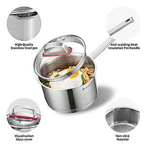 NANFANG BROTHERS Stainless Steel Saucepan with Glass Lid, Professional Small Sauce Pan Milk Pot with Cover, 316 Stainless Steel Composite Copper Cooking Pot, 1 Quart Kitchen Cookware Classic Silver