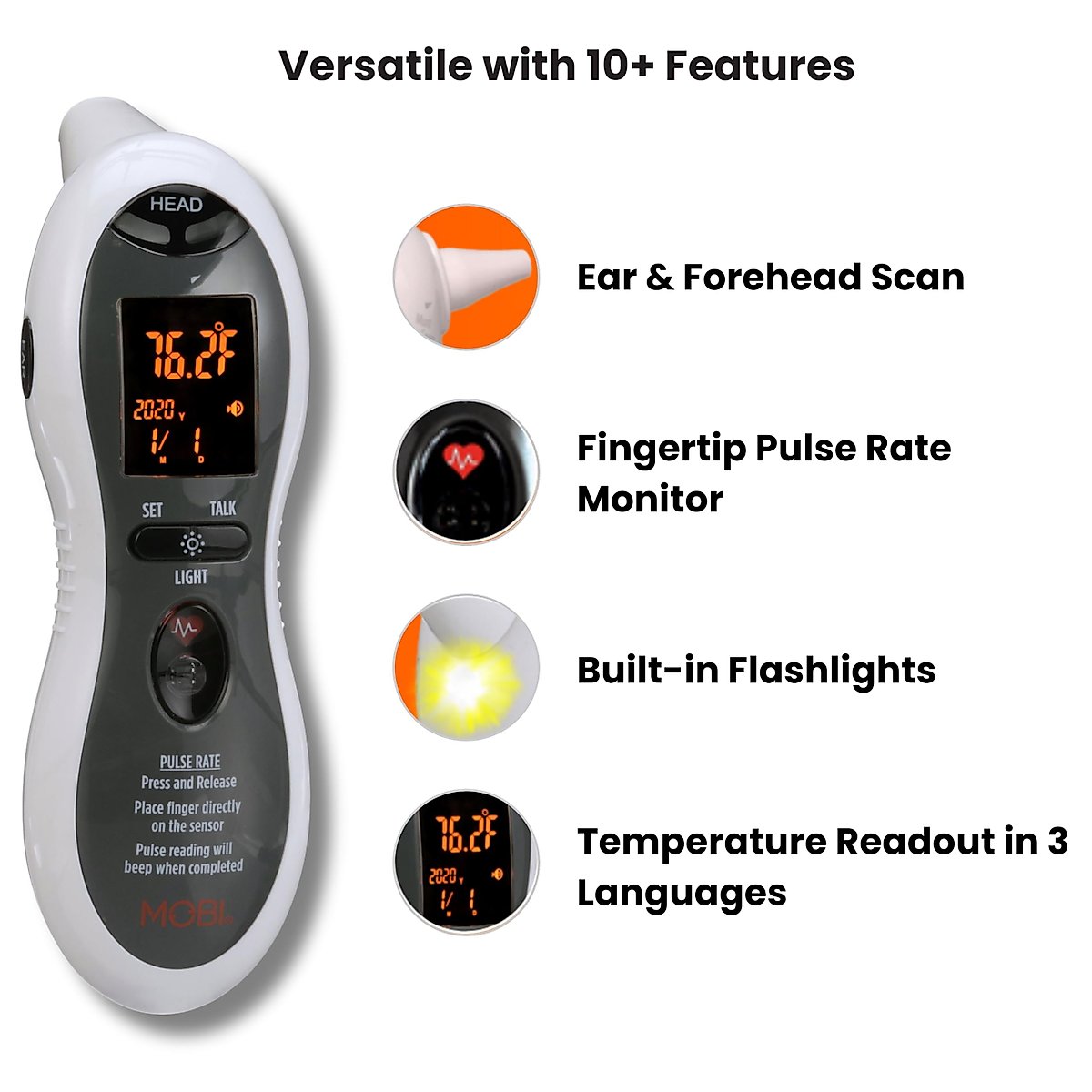 MOBI Digital Ear & Forehead Thermometer with Fingertip Pulse Reading, Flashlight & Fever Indicator, Room Temperature – Large Display, 3 Language Voice Readout for Baby, Kids & Adults