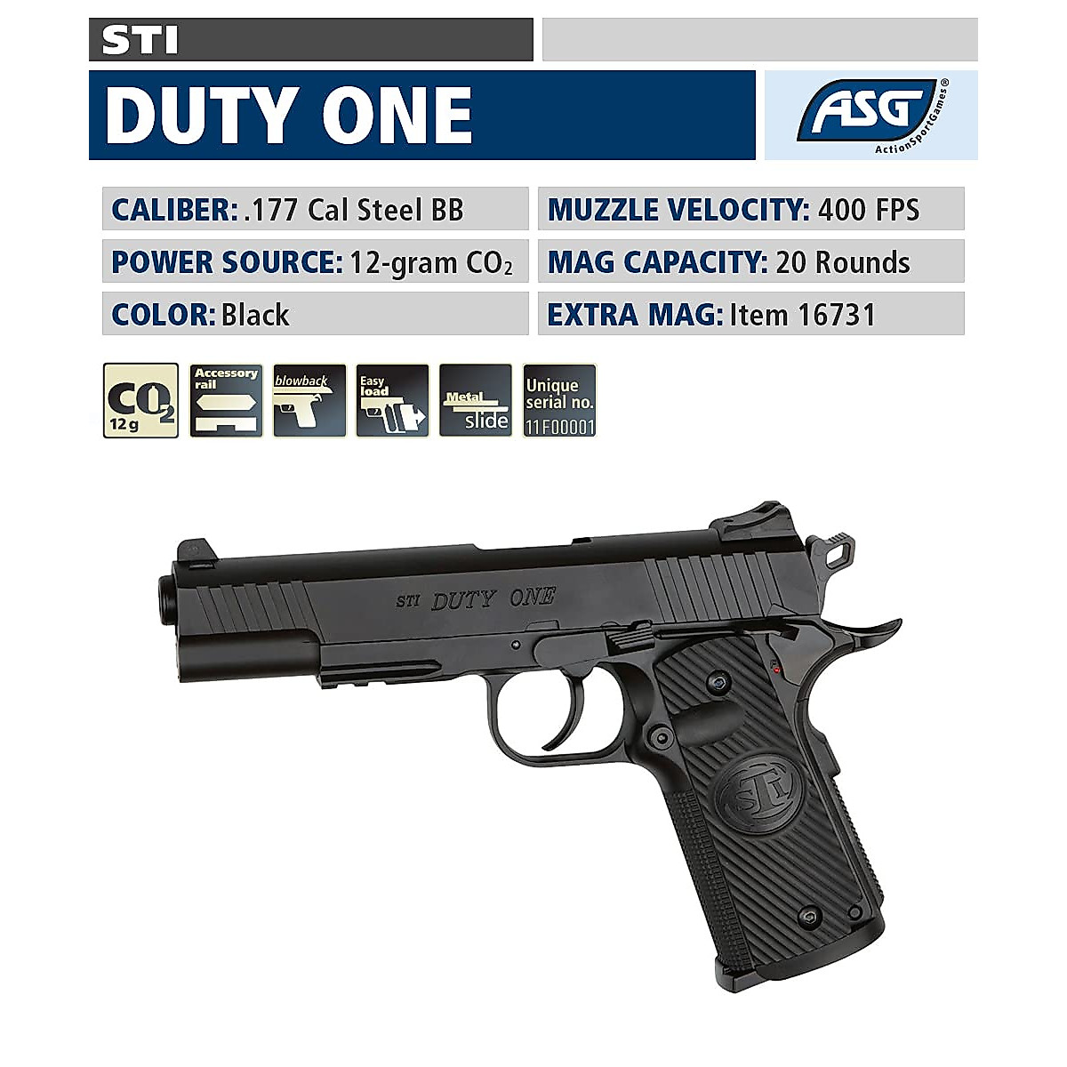 ASG STI Duty One Black .177 Caliber Steel BB Gun Air Pistol, Blowback