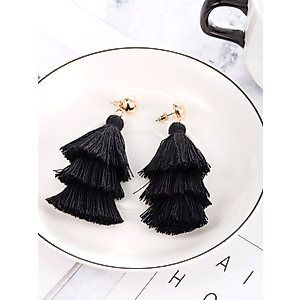 Hestya 2 Pairs Tassel Earrings for Women Girls Handmade 3 Tiered Tassel Dangle Earrings and Gold Hoop Earrings (Black)