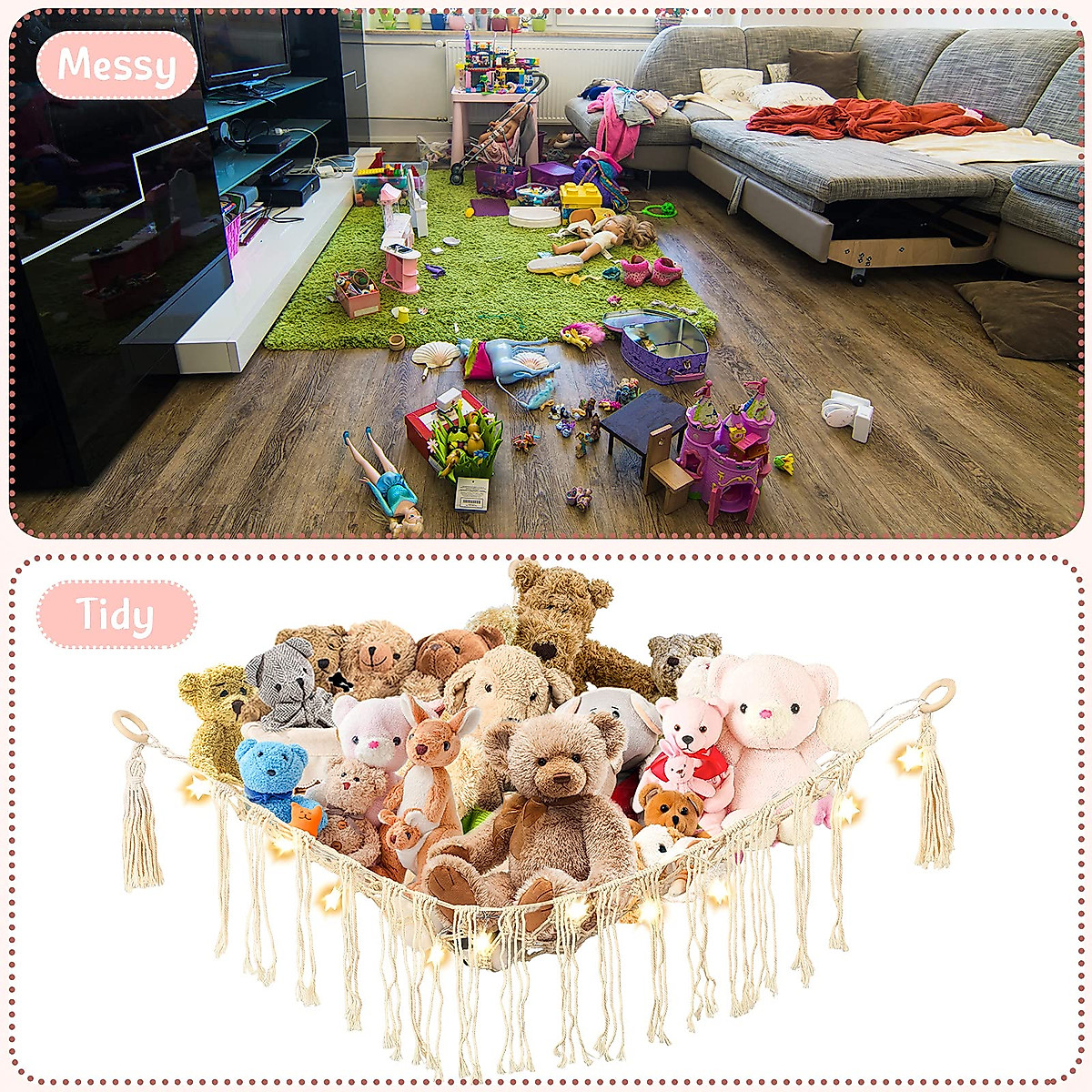 Stuffed Animal Net Hammock Macrame Boho Toy Hammock with LED String Light Stuffed Animal Hanging Storage Organizer Wall Corner Toy Net Holder Display with Tassel (Beige,43.3 x 34.6 x 34.6 Inch)