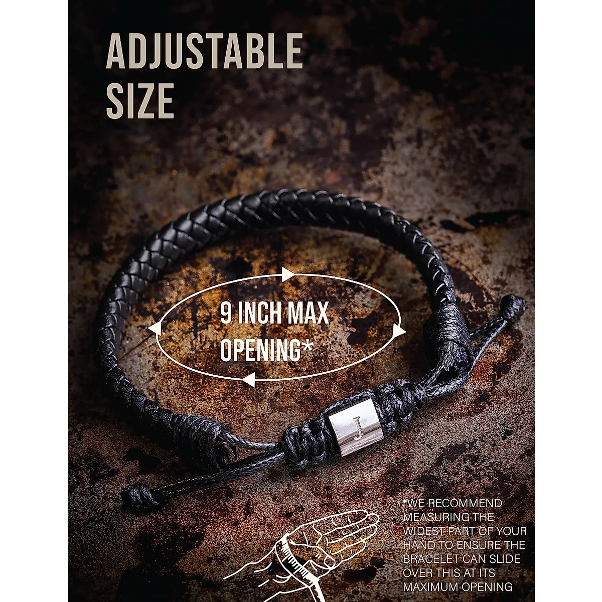 Men's Adjustable Leather Initial Bracelet | Genuine Woven Leather | A-Z Alphabet Letters Engraved on Stainless Steel Clasp - C