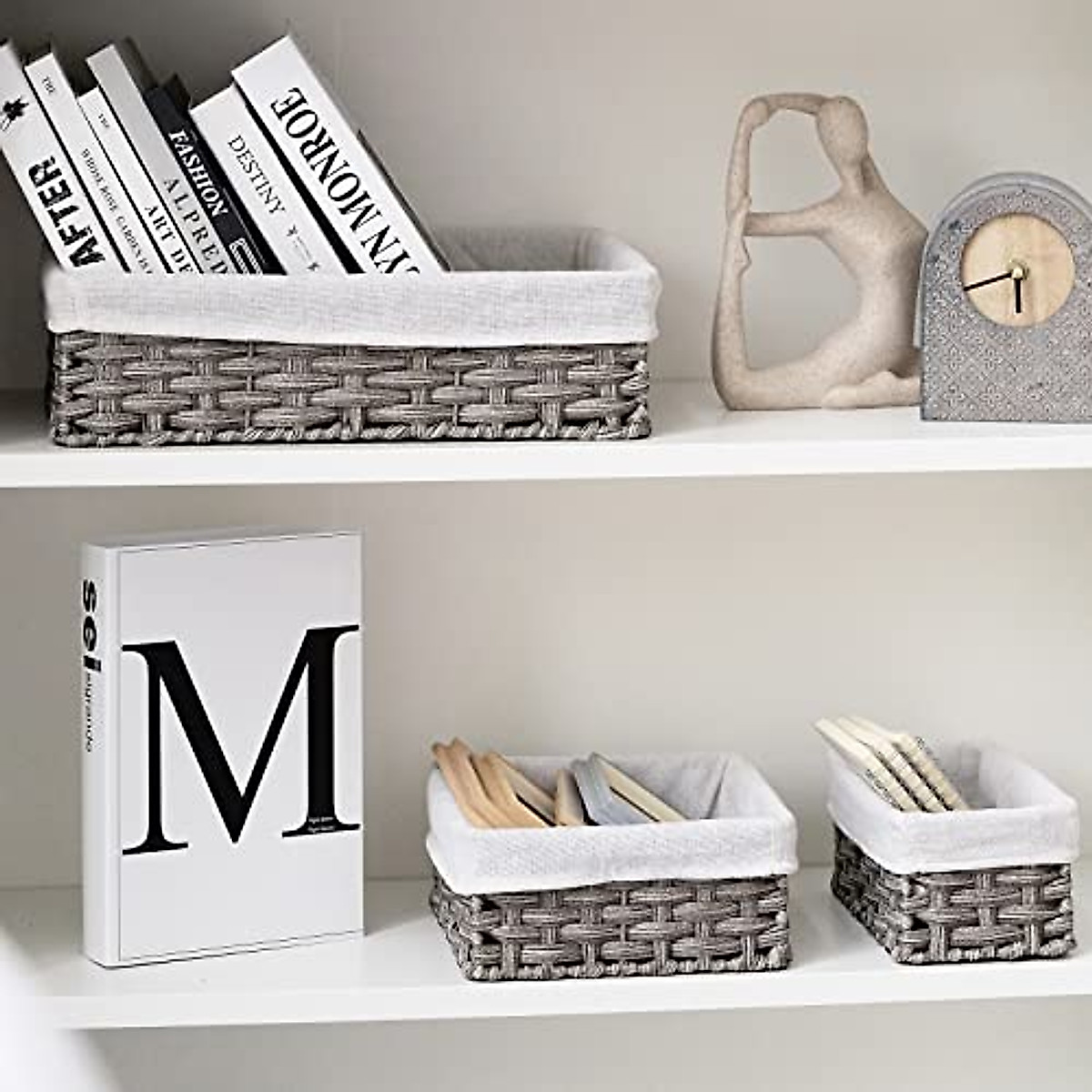 FairyHaus Wicker Baskets for Organizing 3 Pack, Waterproof Small Wicker Storage Basket for Shelves Rectangle, Nesting Lined Grey Wicker Basket