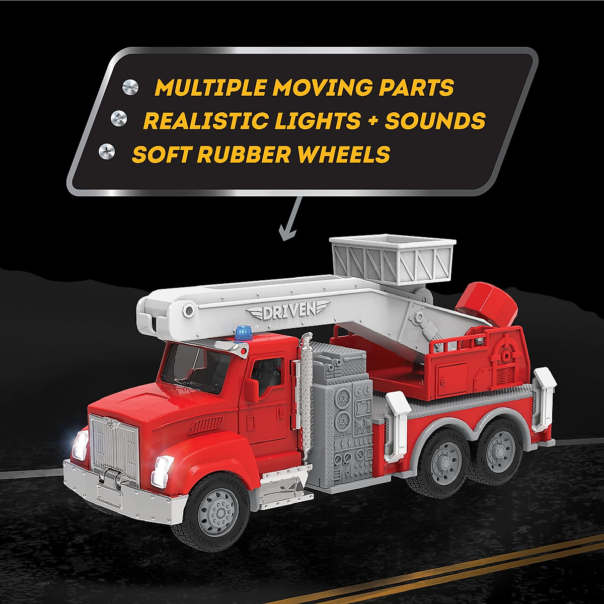 Driven by Battat – Micro 1/124 Scale – Fire Truck Toy– Realistic Toy Truck with Flashing Lights and Siren Sound & More – Gift Toy Car for Boys & Girls & Toddlers Age 3+