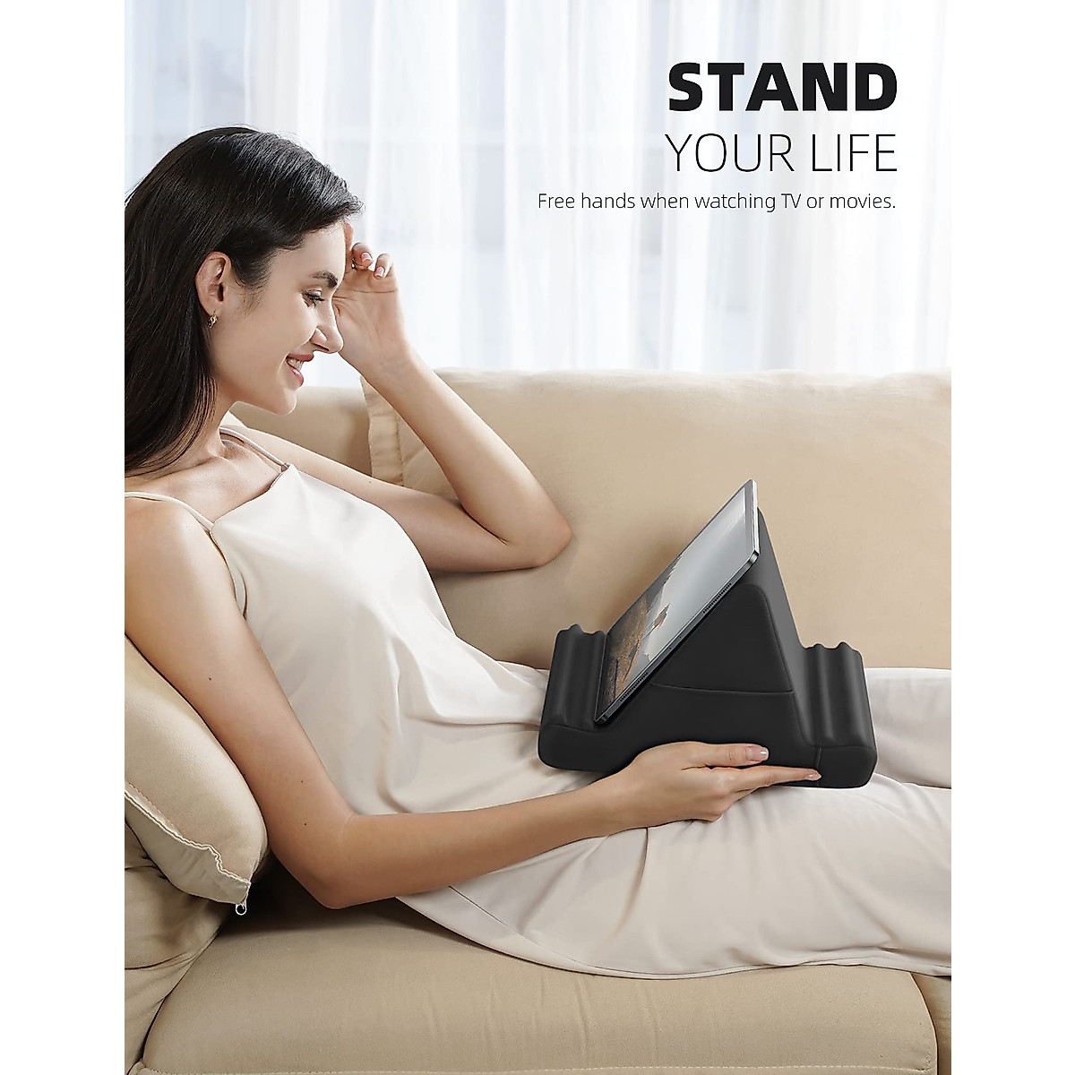 Lamicall Tablet Pillow Holder Stand - Tablet Pillow Soft Pad Dock for Lap, Bed and Desk with Pocket & 4 Viewing Angles, for 2022 iPad Pro 11, 12.9, Air, Mini, Kindle, 4-13" Phone and Tablet, Black