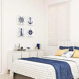 Adecuado Nautical Wall Art Beach Home Decor Boat Anchor Paintings Helm Drawing Compass Lighthouse Rustic Style Pictures Dark Blue Artwork Ready to Hang for Bathroom Living Room 12x12 Inch, 4 Panels