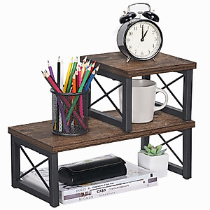 Giikin Wood Desktop Shelf - Table Top Corner Shelf Stand - Kitchen Counter Organizer - Multi-Purpose Adjustable Riser for Monitor Cups Jars Spices - 2 Tier Independent Stackable Desk Stand…