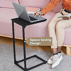 Nandae C Shaped End Table, Rustic Tray Side Table Bedside Table with Metal Frame for Laptop, Snack, Sofa Couch, Bed Living Room Bedroom, Black