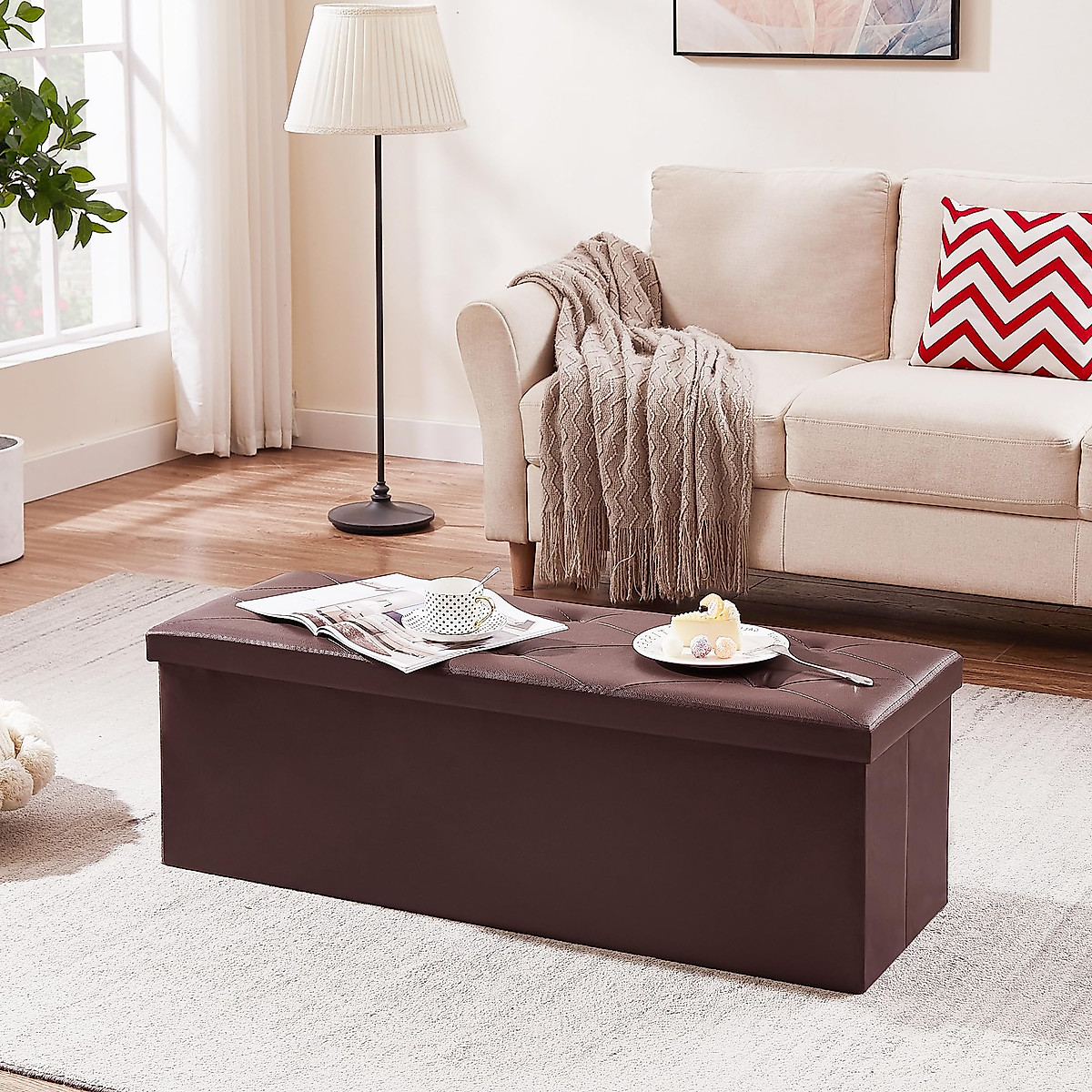 VECELO 43'' Folding Storage Ottoman, End of Bed Bench, Tufted Faux Leather Chest for Living Room, Utility Room, Hallway, Holds up to 660 lb, Easy to Assemble, Black