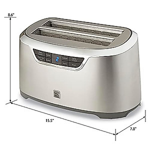 Kenmore Elite 4-Slice Long Slot Toaster Silver, One-Touch Auto-Lift, Stainless Steel, Adjustable Browning, Defrost, Digital Countdown Timer, Retractable Cord, Toast, Bagels, Waffles, English Muffins