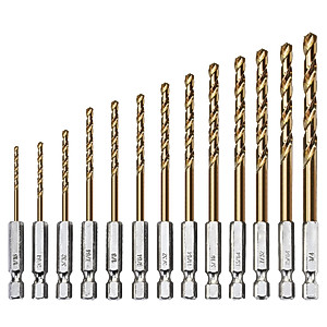 ROGAPER 13 PCS Titanium Coated Hex Shank Drill Bit Set, HSS Twist Drill Bit Sets, Impact Driver Drill Bits for Wood, Steel, Metal, Plastic, Quick Change Design (1/16-1/4)