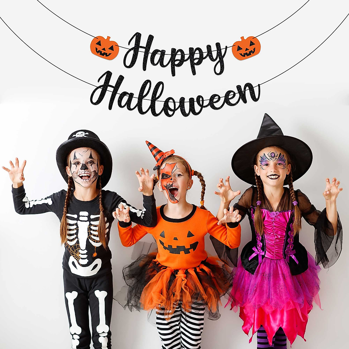 Pre-Strung Happy Halloween Banner - NO DIY - Black Glitter Halloween Banner - Pre-Strung Garland on 6 ft Strand - Pumpkin Jack O'Lantern Halloween Party Decorations & Decor. Did we mention no DIY?