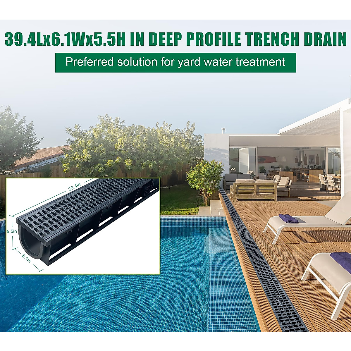 Natotela Deep Profile HDPE Trench Drain-39.4Lx6.1Wx5.5H in. Channel Drain with Grates,6 Pack Total Length 236.22 in, Plastic Trench Drain System for Outdoor,Downspout,Yard Fence,Pool,Sidewalk,Patio