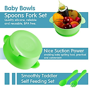 9 Pcs Silicone Baby Toddler Suction Plates Baby Bowls with Suction Toddler Bowls Set Kids Utensils Divided Plate Baby Boy Girl Feeding Set with Spoon Fork Dishwasher and Microwave Safe (Bright Colors)