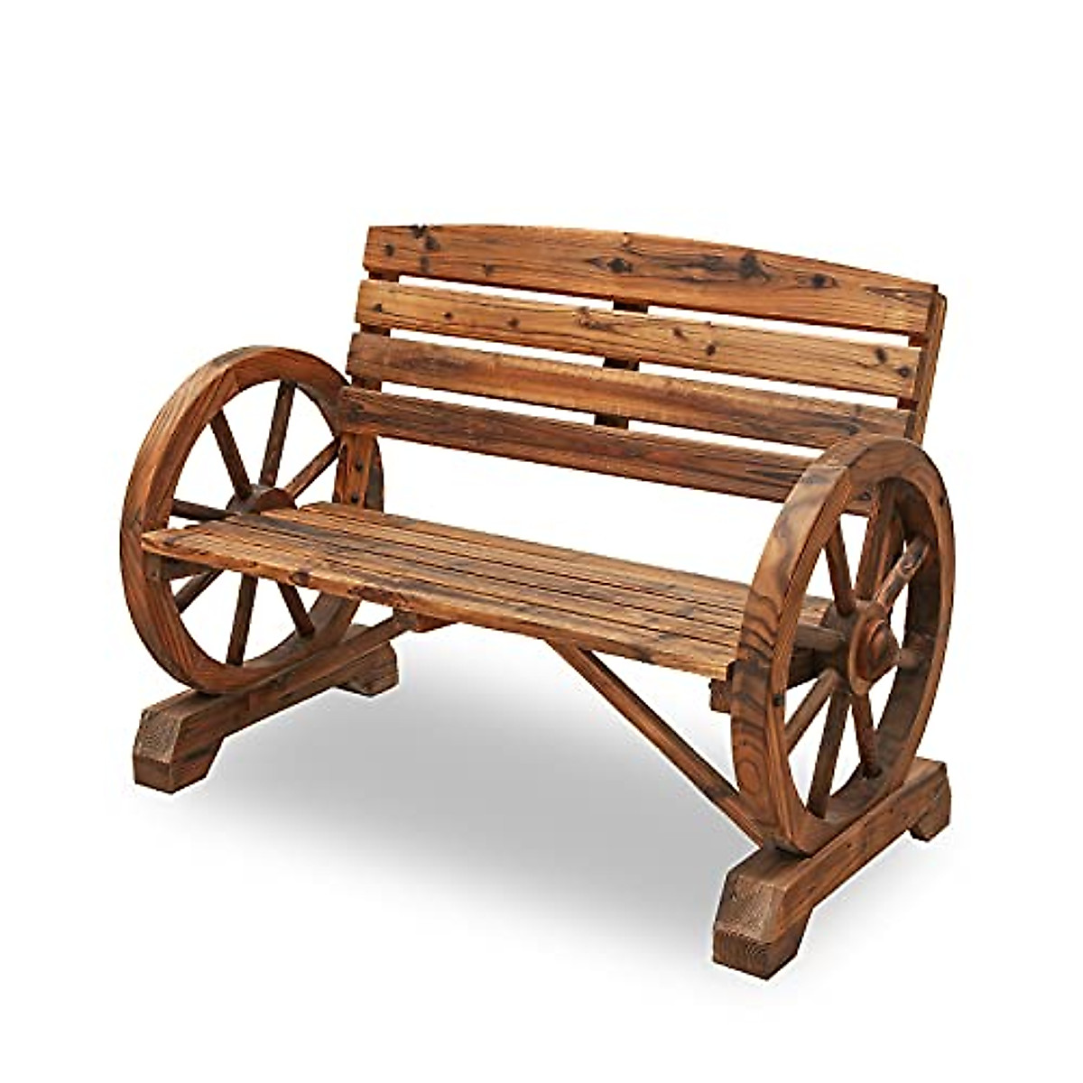 Sports Festival 2-Person Wagon Wheel Wood Bench Outdoor Patio Loveseat with Wheel Armrest and Slatted Seat Rustic Log Furniture Handled with Burnt Finish for Porch Garden Backyard