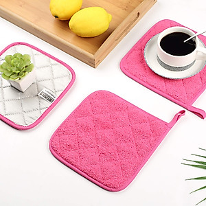 100% Cotton Kitchen Everyday Basic Terry Pot Holder Heat Resistant Coaster Potholder for Cooking and Baking Set of 5 (Dark Pink, Potholder)
