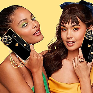 Petitian for iPhone 12 Pro Max Square Case with Loopy Stand/Strap, Luxury Cute Women Girls Heart Electroplated Designer Squared Edge Phone Cases for 12 Pro Max, Black