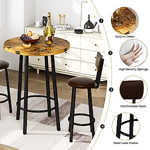 DKLGG 3-Piece Dining Wooden Table and Pu Cushion Chair Sets for Small Space Living Room/Kitchen, 23", Rustic Brown