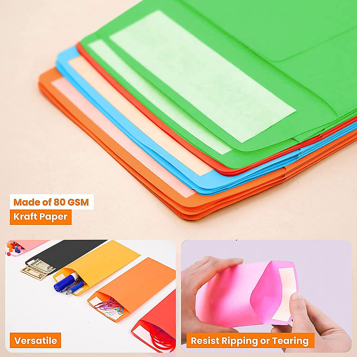 Cash Envelopes 100 Pack 3.5 x 6.7 Inch – 80 GSM Brown Kraft Paper, Peel & Seal Money Envelopes for Cash Saving and Budgeting– Ideal for Coins, Checks, Gift Cards & Tickets