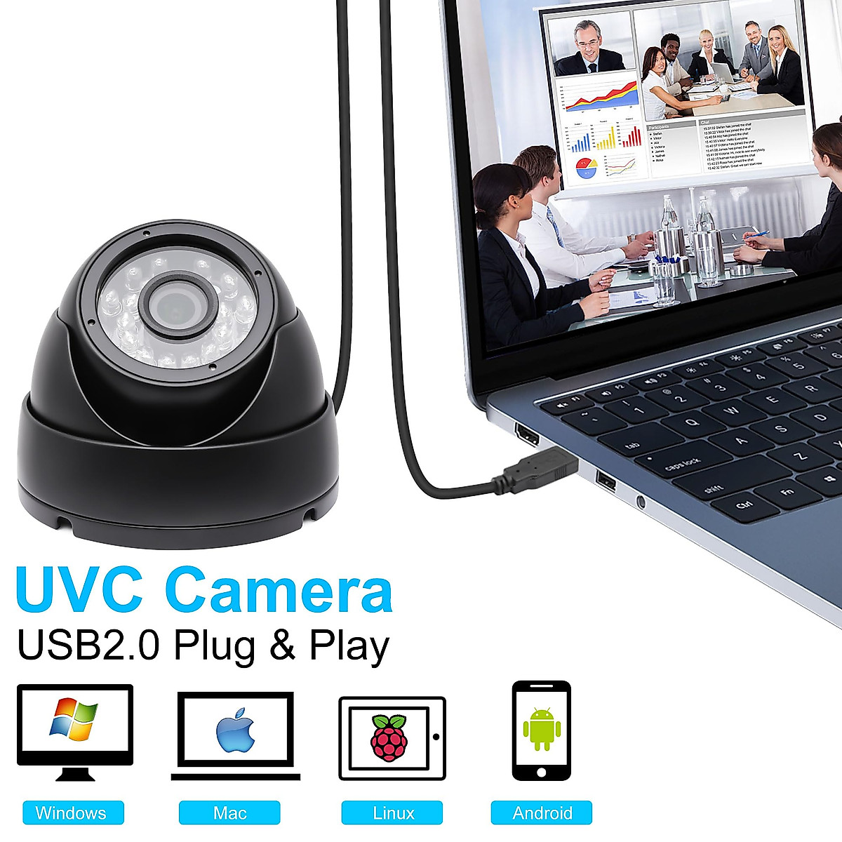 Hotpet 2MP USB Camera H.264 1080P Webcam Day Night Vision Indoor Outdoor Dome Camera 0.01LUX Low Illumination Home Security Camera with 24pcs IR LED for Windows Mac Linux Android