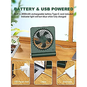 Tevelecin Small Desk Fan, 2000mAh Rechargeable USB Fan Battery Operated,Ultra Quiet, Strong Wind, 3 Speeds & about 4-12 Hours Longer Working, 180°Foldable Mini Desktop Fan for Home Office Travel Outdoor-Green
