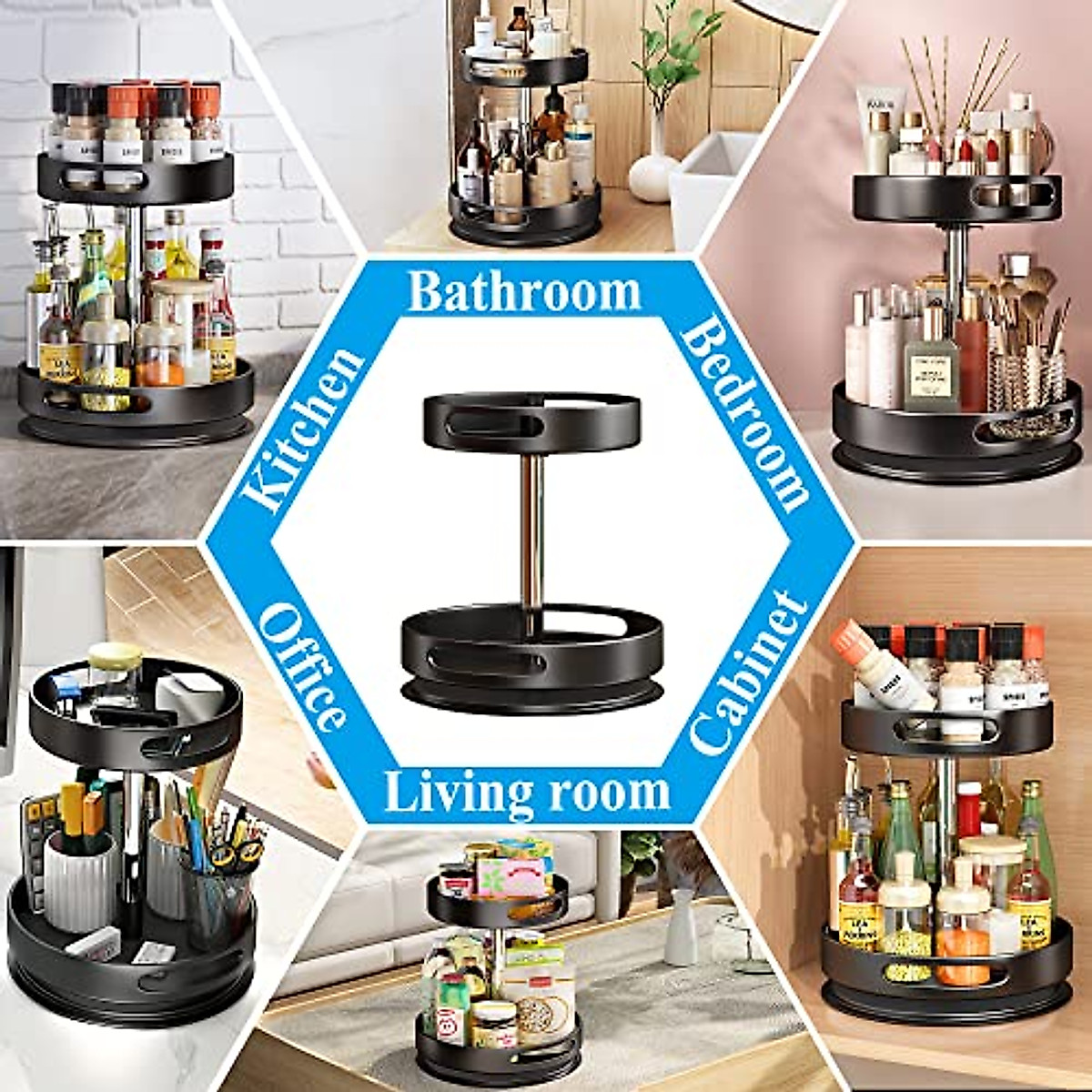 Lazy Susans Organizer 2 Tier Metal Steel, Turntable Height Adjustable, SAYZH Rotating Spice Racks for Pantry Cabinet Cupboard Table, 12 inch, Black