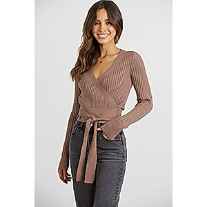 PRETTYGARDEN Women's Fashion Wrap V Neck Cropped Sweater Long Sleeve Solid Slim Fit Belted Pullover Ribbed Knit Sweater Tops(Small, Khaki)