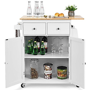 Giantex Kitchen Island Cart, Rolling Wood Trolley with Storage Cabinet, Towel Handle, 2 Drawers, Side Spice Rack and Wine Bottle Rack, Kitchen Cart on Wheels, Rubber Wood Countertop (White)