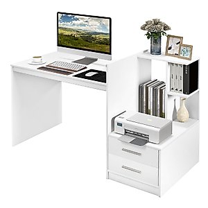 Tangkula White Desk with 2 Storage Drawers & Bookshelf, Home Office Desk with Corner Bookshelf & Printer Stand, Small Writing Study Desk for Small Space, Modern Vanity Table for Bedroom (White)