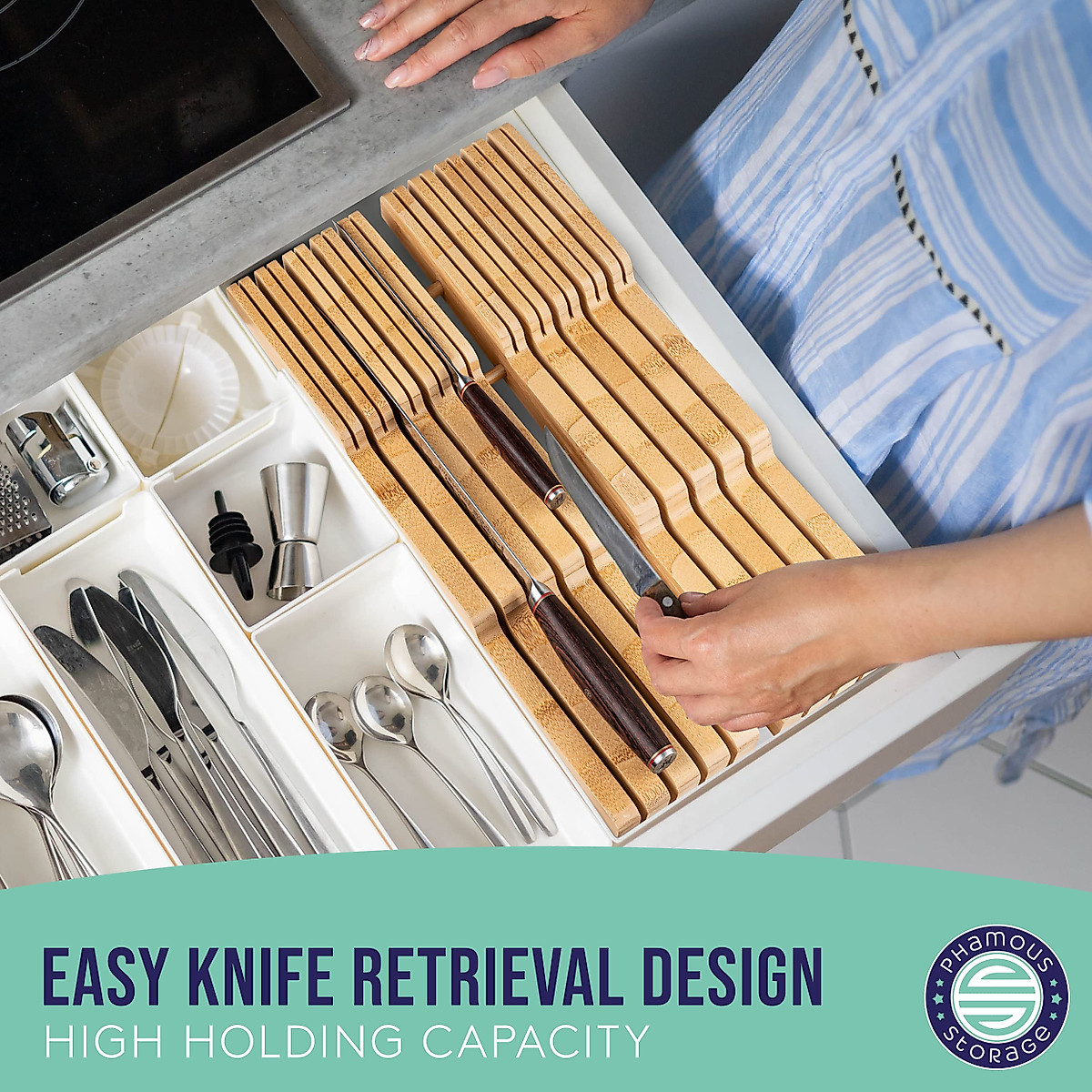 PHAMOUS STORAGE Knife Drawer Organizer - Kitchen Organizer - Knife Block Without Knives - Knife Storage for 10 Knives & Sharpener - High Holding Capacity
