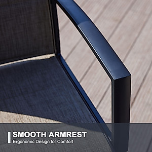 VICLLAX Patio 5 Pieces Outdoor Dining Set, 42" Round Metal Table with Umbrella Hole and 4 Stackable Cotton-Padded Textilene Chairs for Lawn, Garden, Porch, Walnut/Black