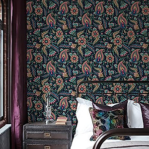 JiffDiff Floral Wallpaper Peel and Stick Vintage Wallpaper Paisley 17.3"x118" Navy Dark Blue/Pink Wallpaper Self Adhesive Contact Paper for Home Bedroom Cabinets Renter Friendly Wallpaper