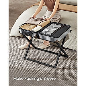 SONGMICS Luggage Rack, Foldable Suitcase Stand, Metal Luggage Holder, Synthetic Leather, Easy to Assemble, for Guest Room, Hotel, Bedroom, Ink Black and Charcoal Gray URLR009B01