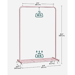 SONGMICS Clothes Rack with Wheels, 36 Inch Garment Rack, Clothing Rack for Hanging Clothes, with Dense Mesh Storage Shelf, 110 lb Load Capacity, 2 Brakes, Steel Frame, Jelly Pink UHSR025P01
