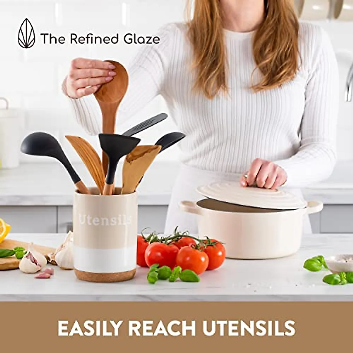 The Refined Glaze Farmhouse Utensil Holder for Countertop - Ceramic Farmhouse Utensil Holder (7in x 5in) - Large Elegant Kitchen Storage Organizer for Spatulas and Spoons (Beige and White)