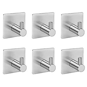 Adhesive Towel Hooks, Stainless Steel Shower Hooks 6 Piece Brushed Nickel Robe Hook Holder for Bathroom Bedroom Kitchen Hotel Cabinet