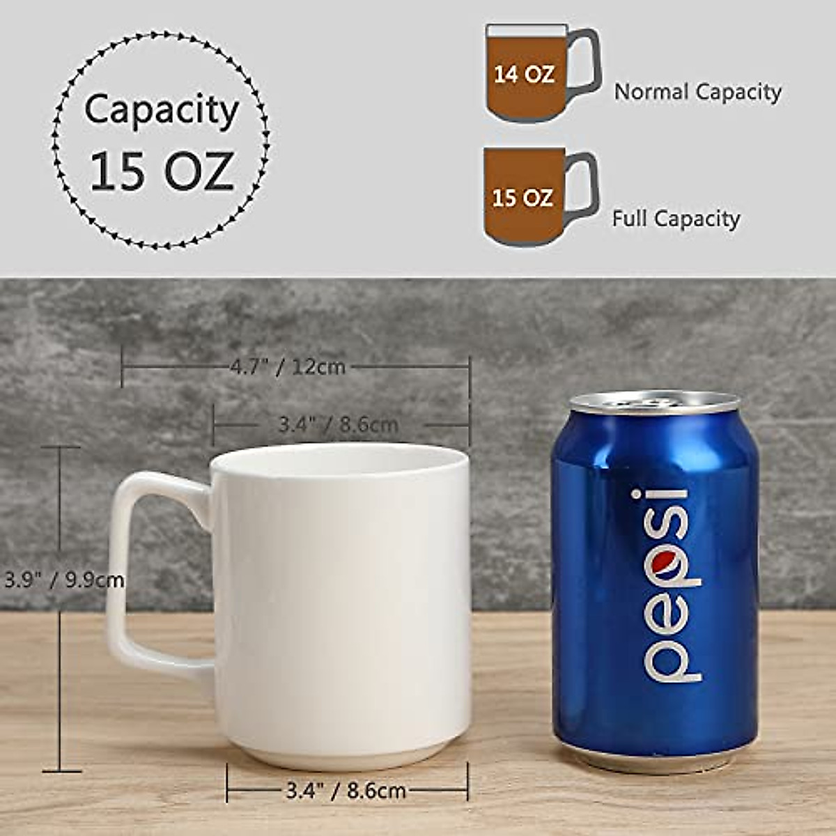 FunIdea Fine Bone Ceramic Coffee Mug with Handles for Hot Beverages Coffee Cappuccino Latte Cocoa Tea Perfect for Home (15oz)