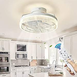 YUZEAL 18.9 Inch Low Profile Ceiling Fans with Lights and Remote, Modern Small bladeless Farmhouse Caged Round Flush Mount Dimmable LED Lighting, Memory, 3 Colors, Reversible Blades (White)