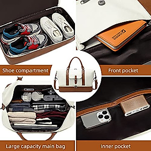 SHENHU Weekender Bags for Women Large Travel Duffel Bag Overnight Weekender Bag Carry on Shoulder Bag with Shoes Compartment for Men Beige