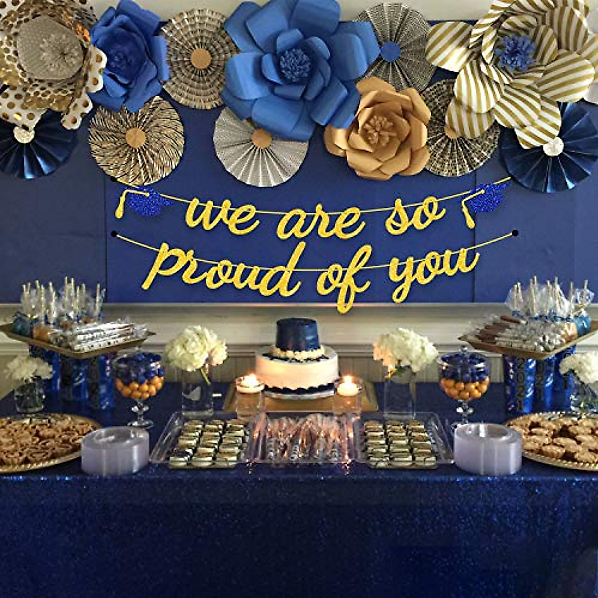 Blue We Are So Proud of You Banner Congratulations Grad Cap Gold Glitter Class of Garland Congrats Sign Party Decoration