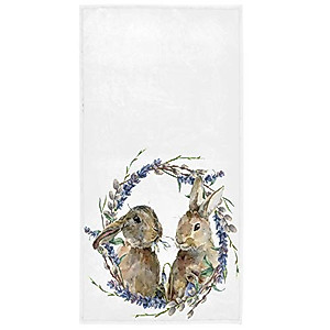 Wamika Spring Easter Bunny Hand Towels Lavender Floral Wreath Rabbits Face Towel Soft Thin Guest Towel Portable Kitchen Tea Towels Dish Washcloths Bath Decorations Housewarming Gifts 16 X 30 in