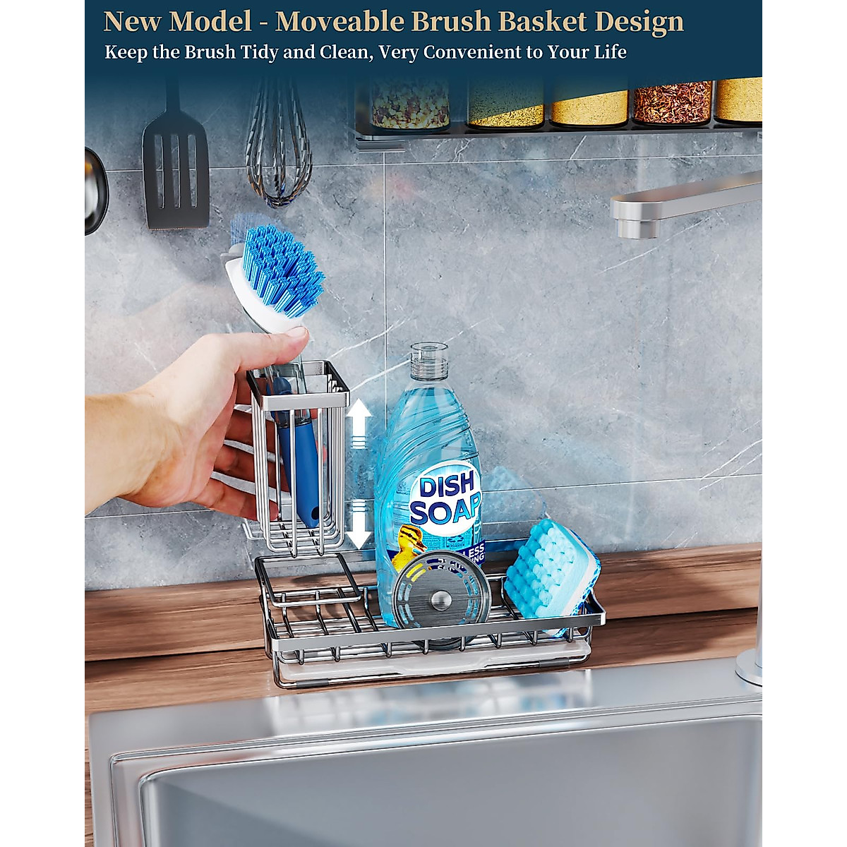 Sink Caddy, Consumest Kitchen Sponge Holder + Dish Brush Holder for Kitchen Sink, Sink Organizer with Drip Tray for Countertop, Stainless Steel Rustproof - Silver