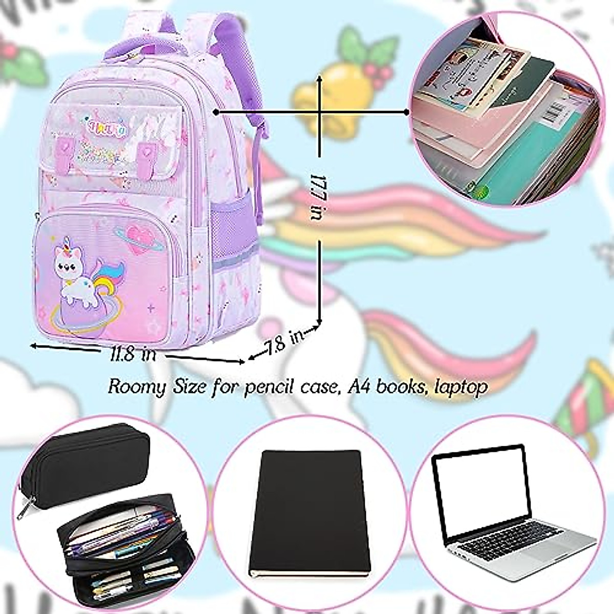 Dorlubel Girls Unicorn Backpack for Elementary School Bags Cute Love Heart Large Capacity Lightweight Bookbag(Purple Caticorn)