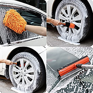 Lsyomne Car Wash Brush with Long Handle 62'' Chenille Microfiber Car Wash Mop Mitt Car Wheel Brush Car Care Cleaning Kit Windshield Window Squeegee Car Microfiber Towels for Cars RV Truck Boat