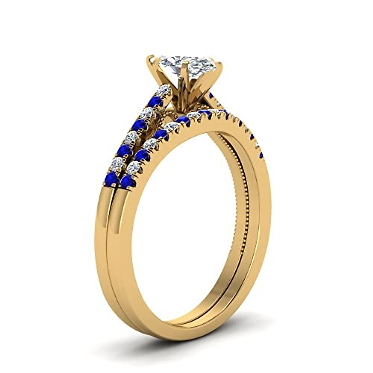 View In Different Gemstone's yellow gold plated Created Blue Sapphire Marquise shape Blue color Wedding Ring Sets prong Setting in Size 13.5 Handcraft Chakra Healing GPR-D182-MARQUISE-CBS-13.5