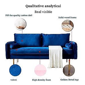 Imseigo 71” Velvet Loveseat Sofa, 3-Seater Sofa for Small Space, Mid Century Modern Futon Couch with Golden Metal Legs and Side Pocket, Small Couches for Living Room, Bedroom, Apartment (Blue)