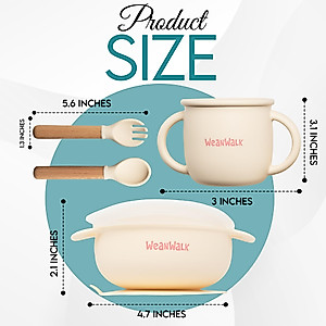 Baby Led Weaning Supplies - Suction Bowls with lids, Training Straw Sippy Cup, Self-Feeding Utensils - Organic - BPA, PVC, Phthalate Free - Weanwalk Silicone Baby Feeding Set